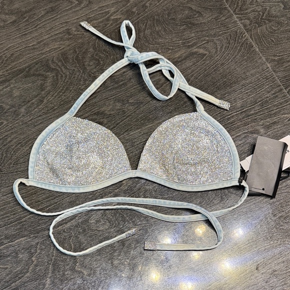 Retrofete | Tops | Retrofete Silver And Light Blue Embellished Halter ...